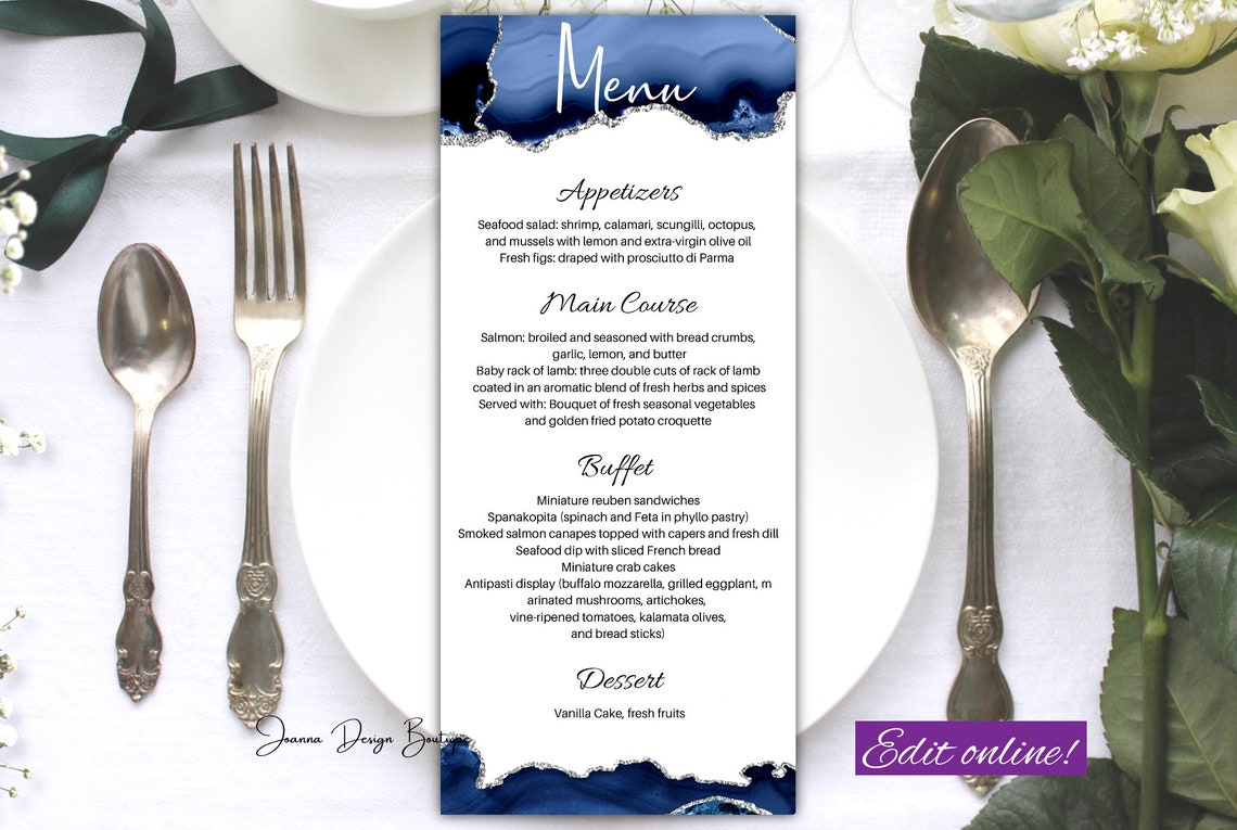 Navy Blue Menu Card Template Navy Blue Silver Glitter Wedding Menu ...