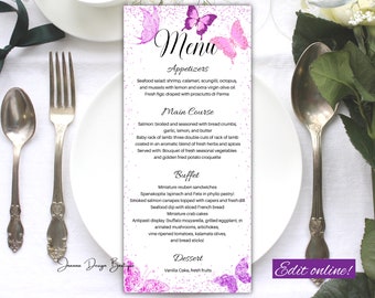 Purple Butterfly Menu Card Template - Etsy