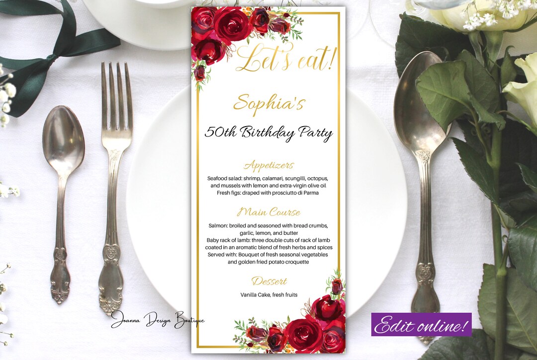Red Roses Menu Card Template Let's Eat Menu Card Red Roses Gold Menu ...