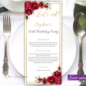 Red Roses Menu Card Template Let's Eat Menu Card Red Roses Gold Menu ...