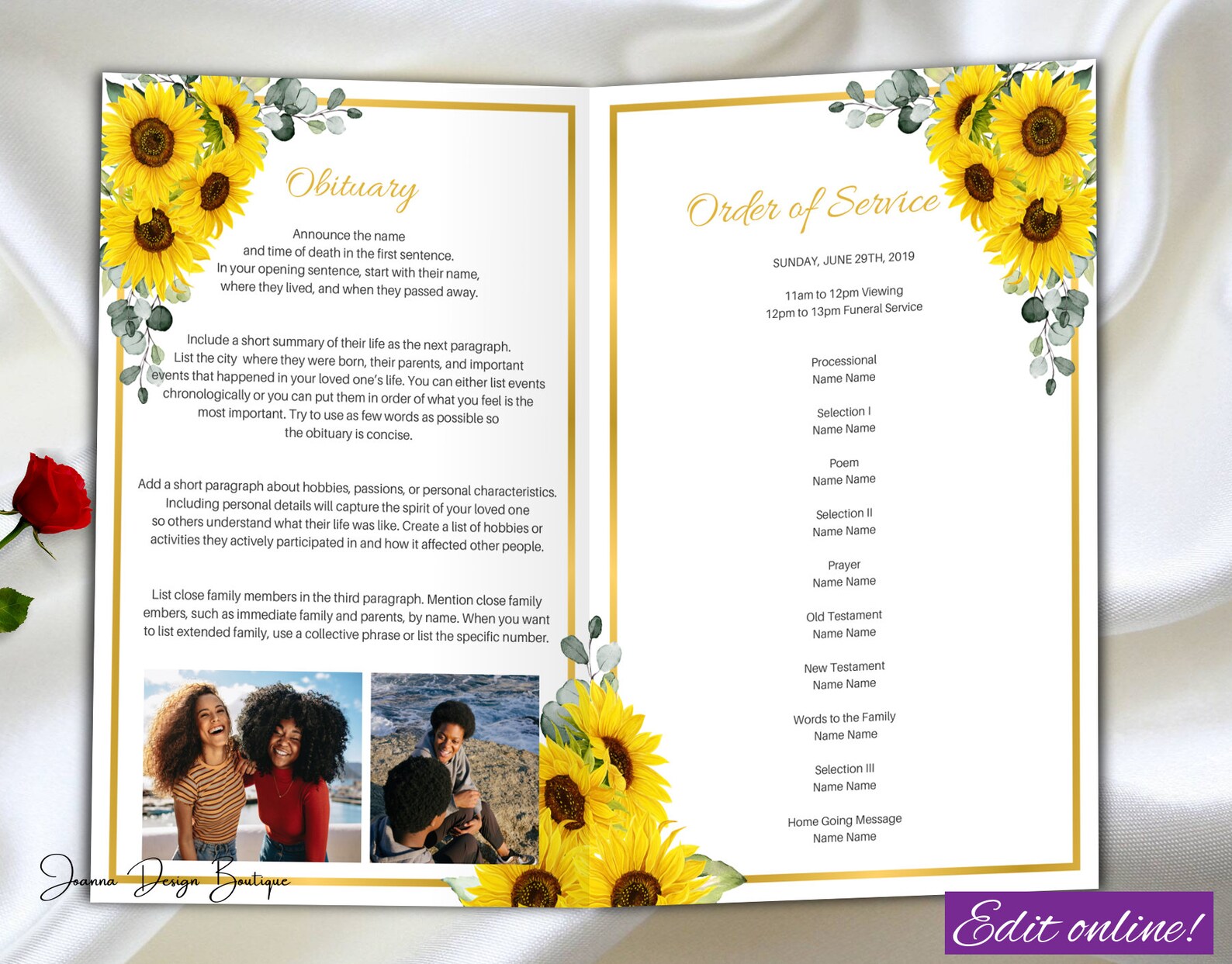 Funeral Program Template for Women Sunflowers Funeral Program Floral ...