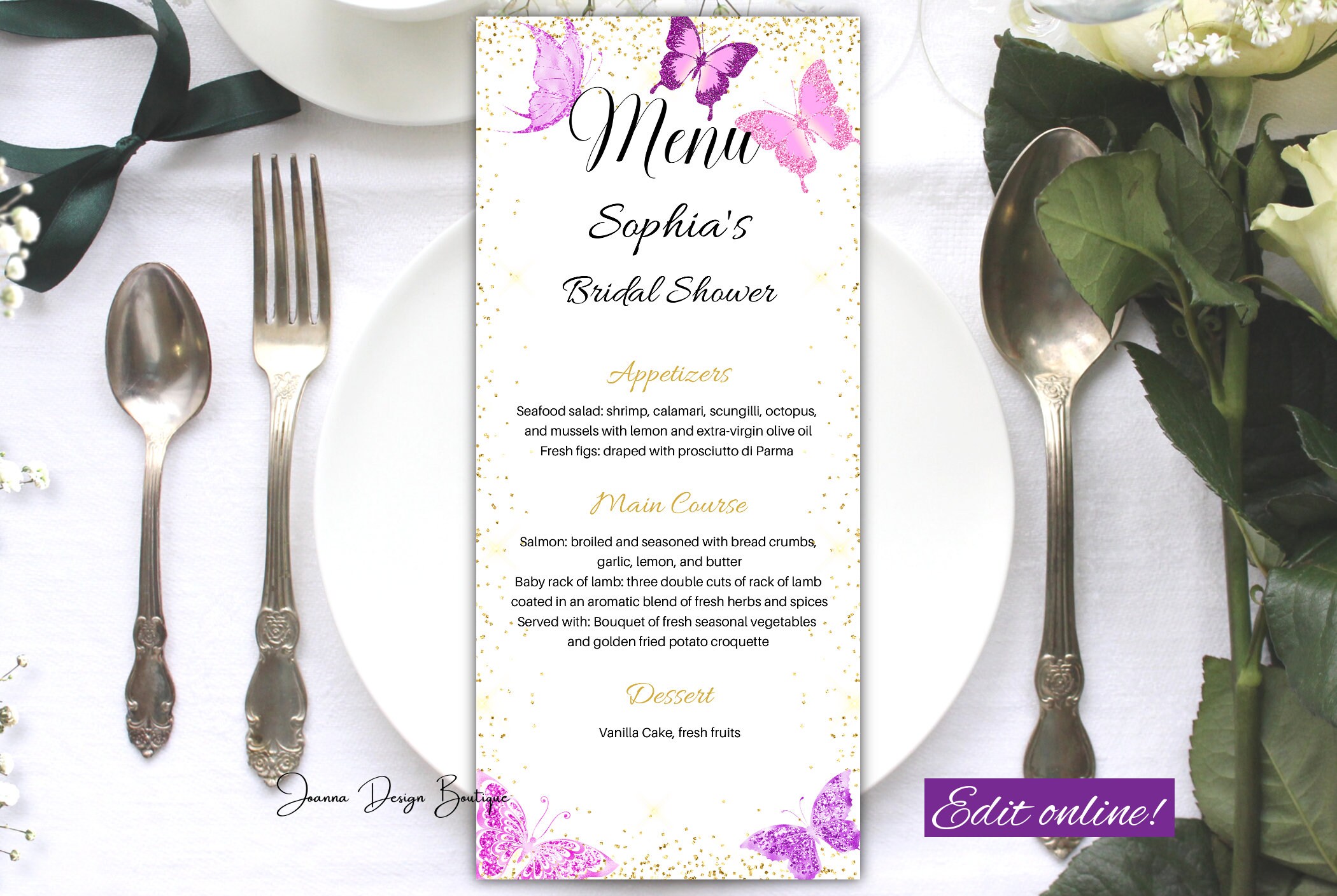 Butterfly Menu Card Template Pink Purple Butterflies Menu Card - Etsy