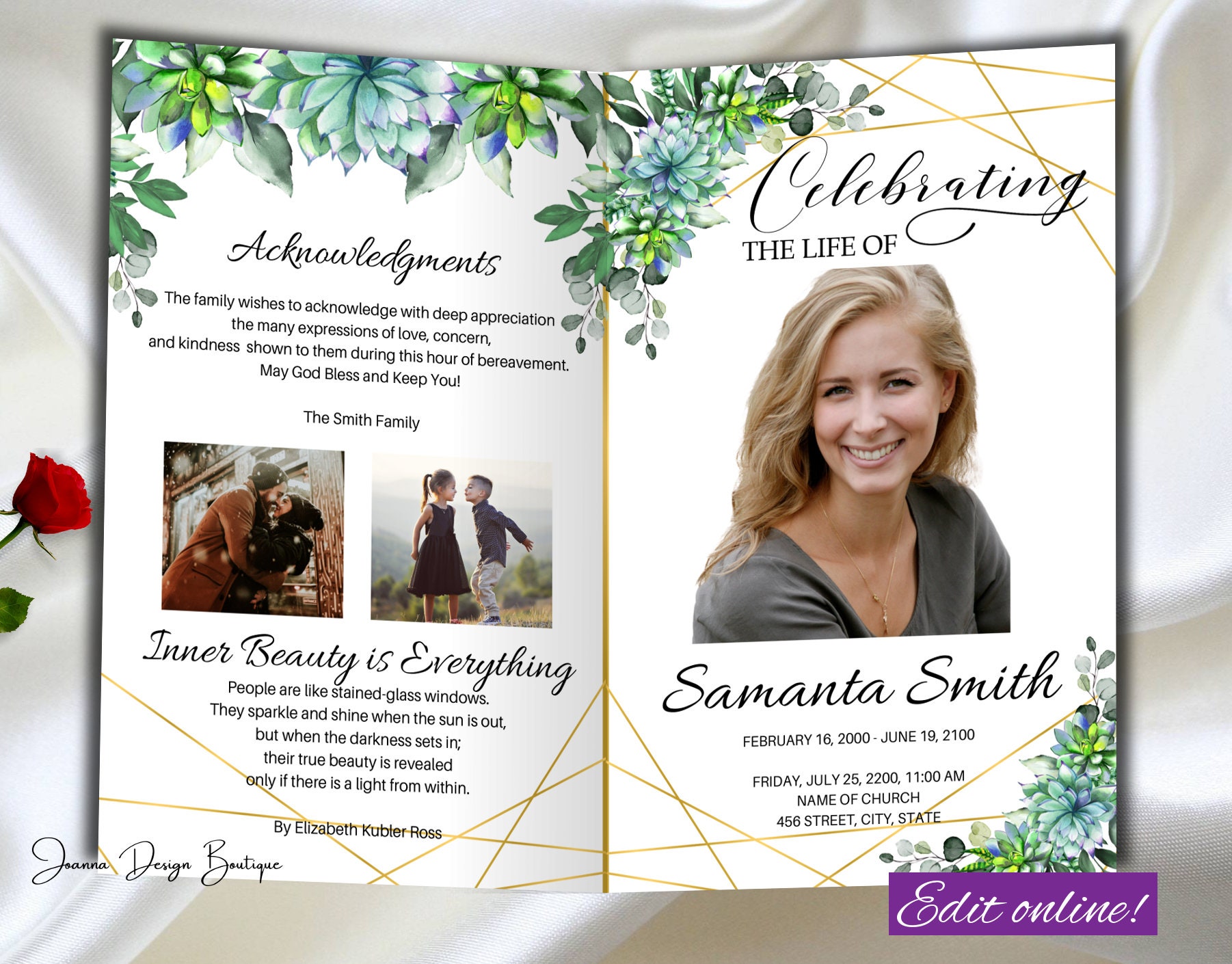 Funeral Program Template for Women Succulent Funeral Program | Etsy