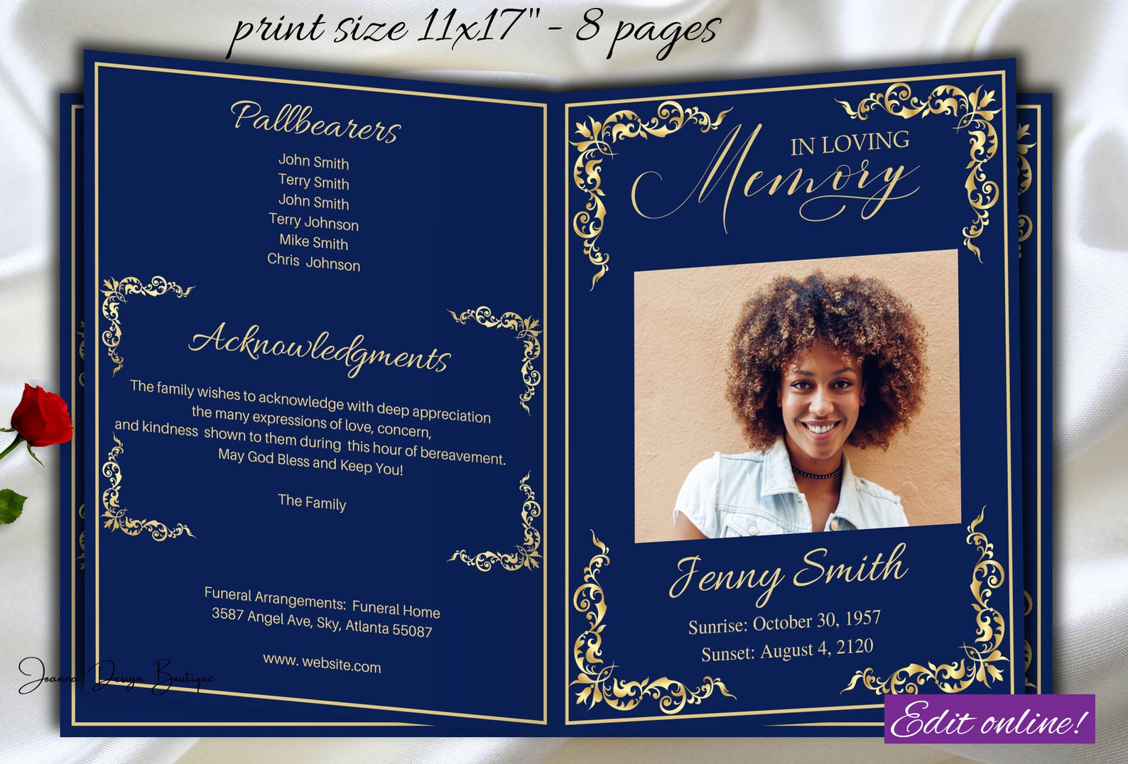 Blue Gold Obituary Funeral Program Template Man Dygnity Memorial ...