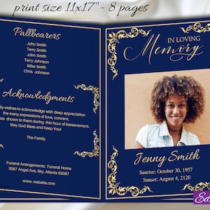 Blue Gold Obituary Funeral Program Template 11x17" 8 Pages Man Dygnity ...