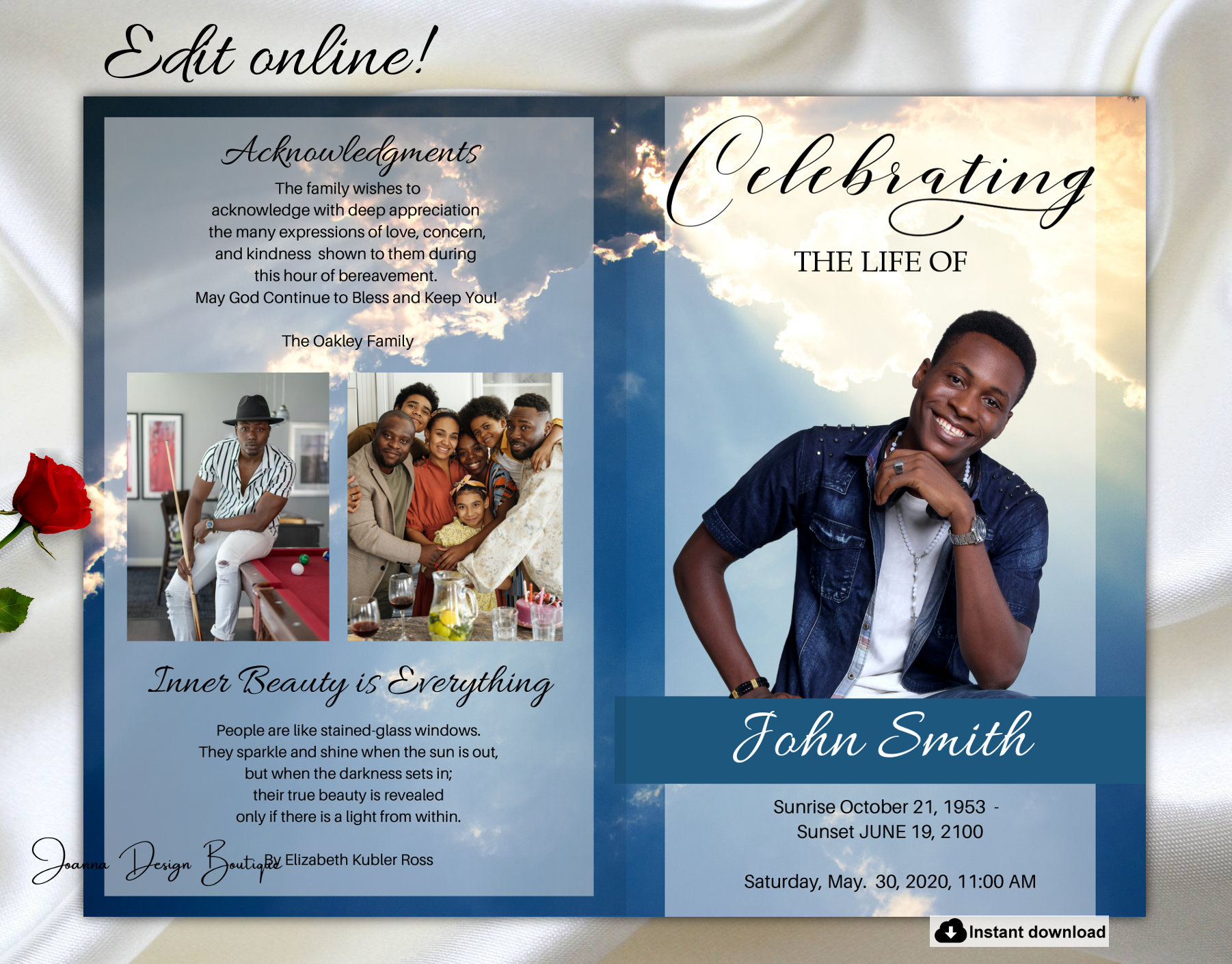 Funeral Program Template Blue Funeral Program For Man Men Blue - Etsy