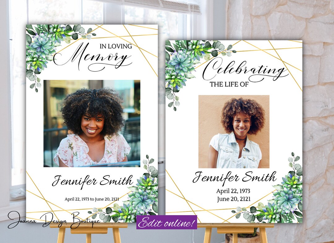 Succulent Memorial Sign Funeral Sign Obituary Sign Poster Gold Greenery ...