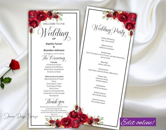 Red Roses Wedding Program Template Tea Length Red Flowers - Etsy