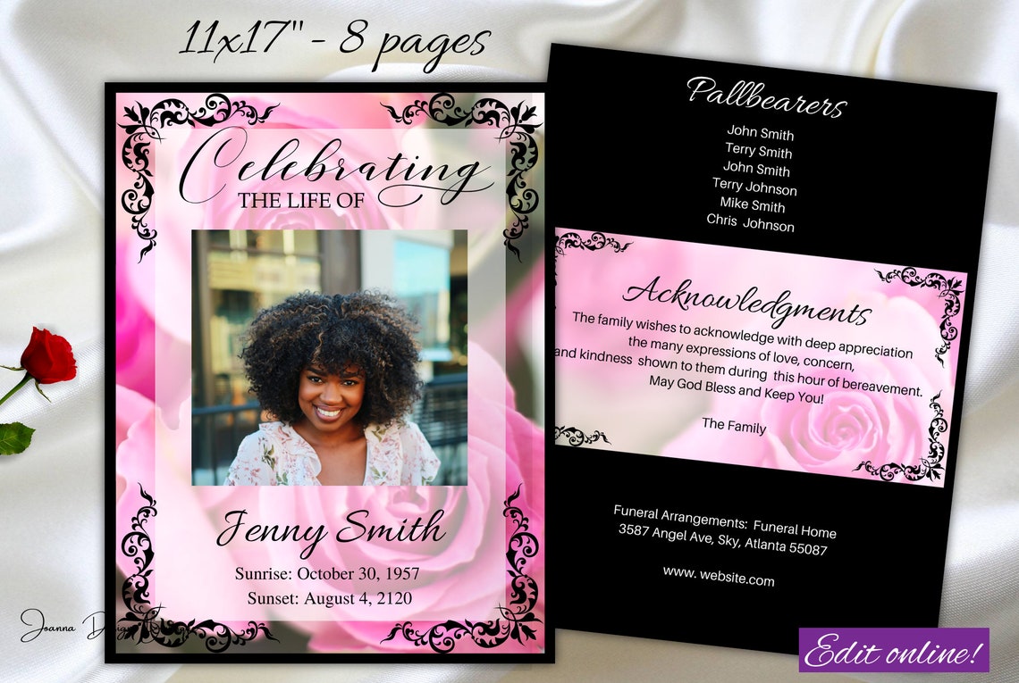 Roses Funeral Program Template 8 Pages Ledger Obituary | Etsy