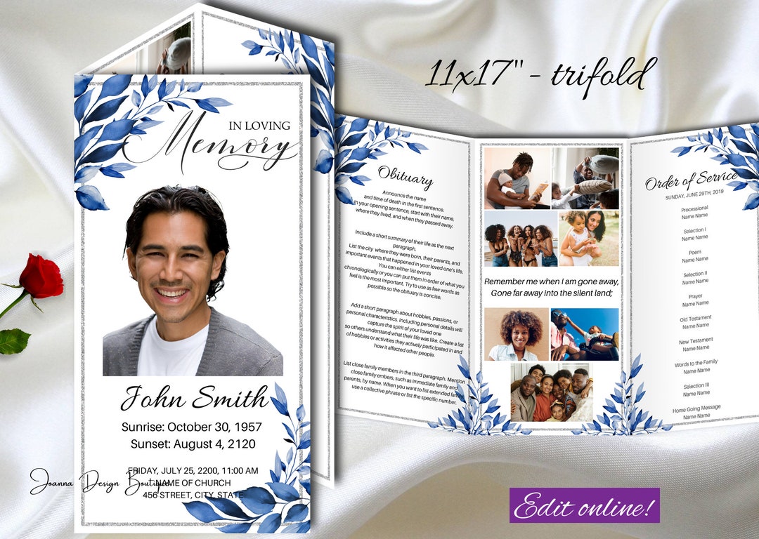 Blue Funeral Program Template Trifold Navy Blue Memorial Service ...