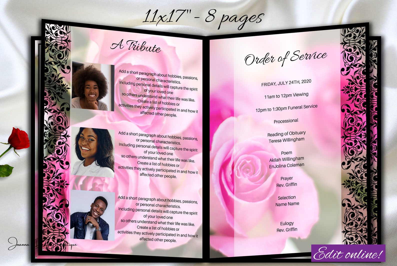 Roses Funeral Program Template 8 Pages Ledger Obituary | Etsy