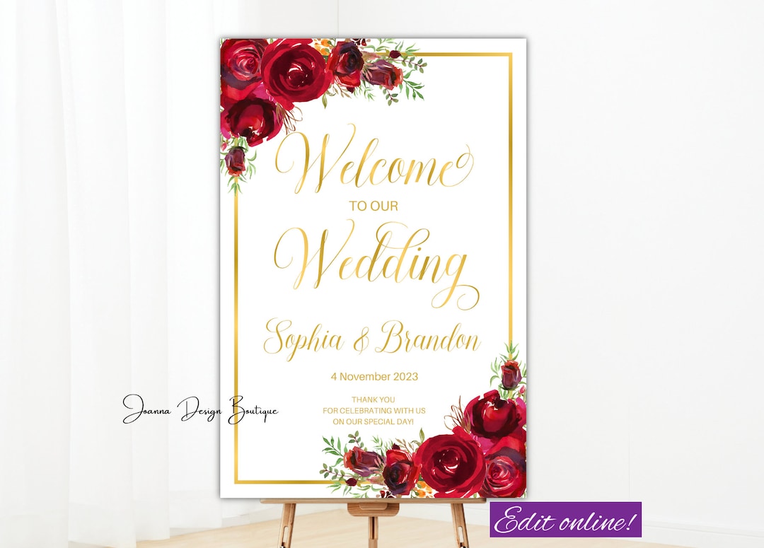 Red Roses Wedding Welcome Sign Printable Red Flowers Welcome Wedding ...