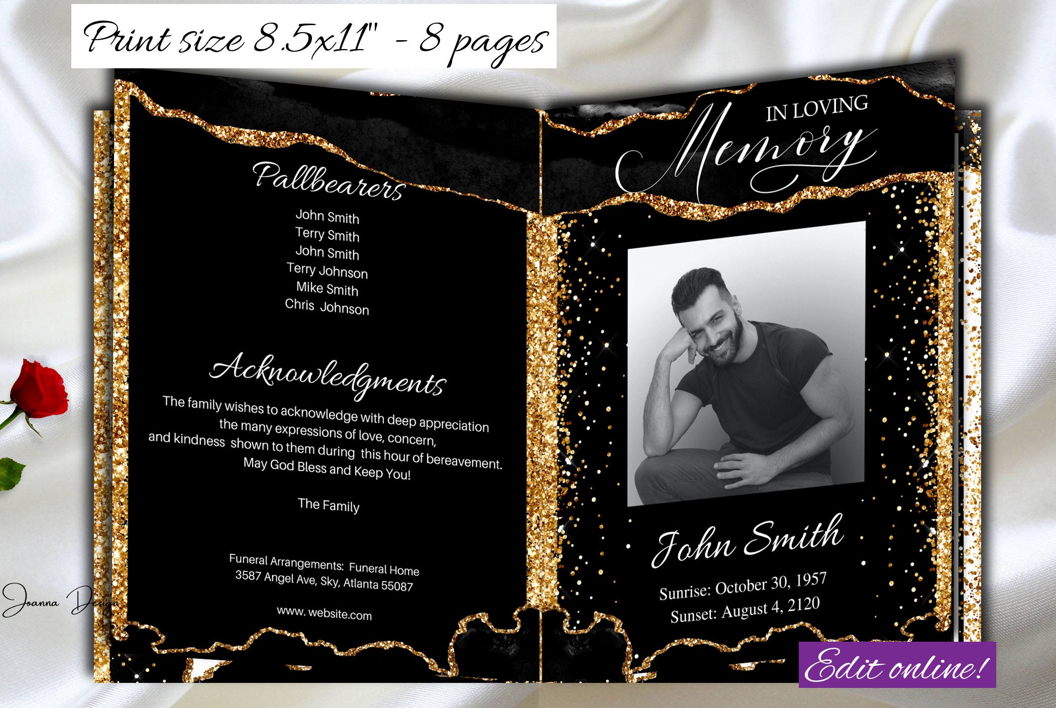 Black Gold Funeral Program Template Obituary Template Modern | Etsy