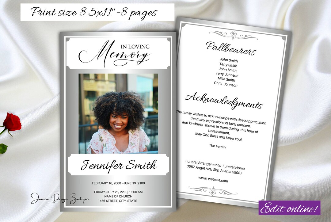 White Silver Funeral Program Obituary Template 8 Pages Male Man Grey ...