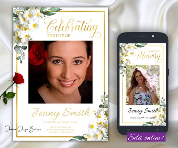 White Flowers Funeral Invitation Template Memorial | Etsy