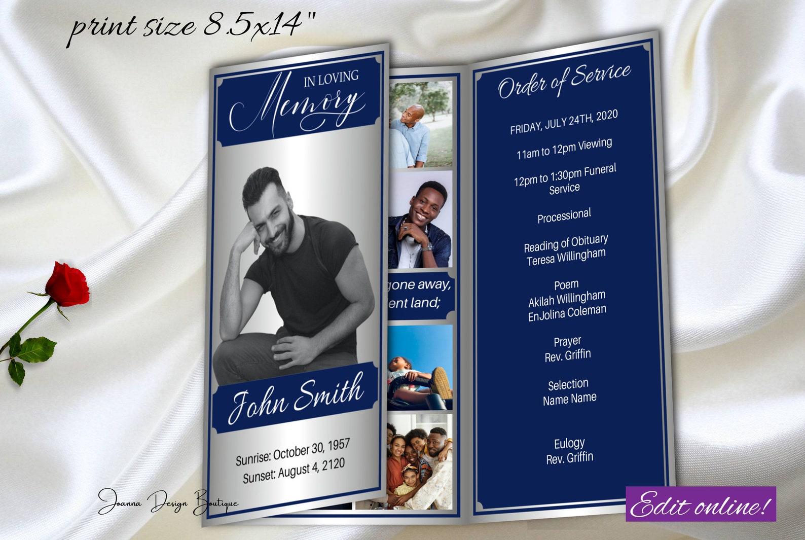 Blue Funeral Program Template Trifold Navy Blue Silver - Etsy