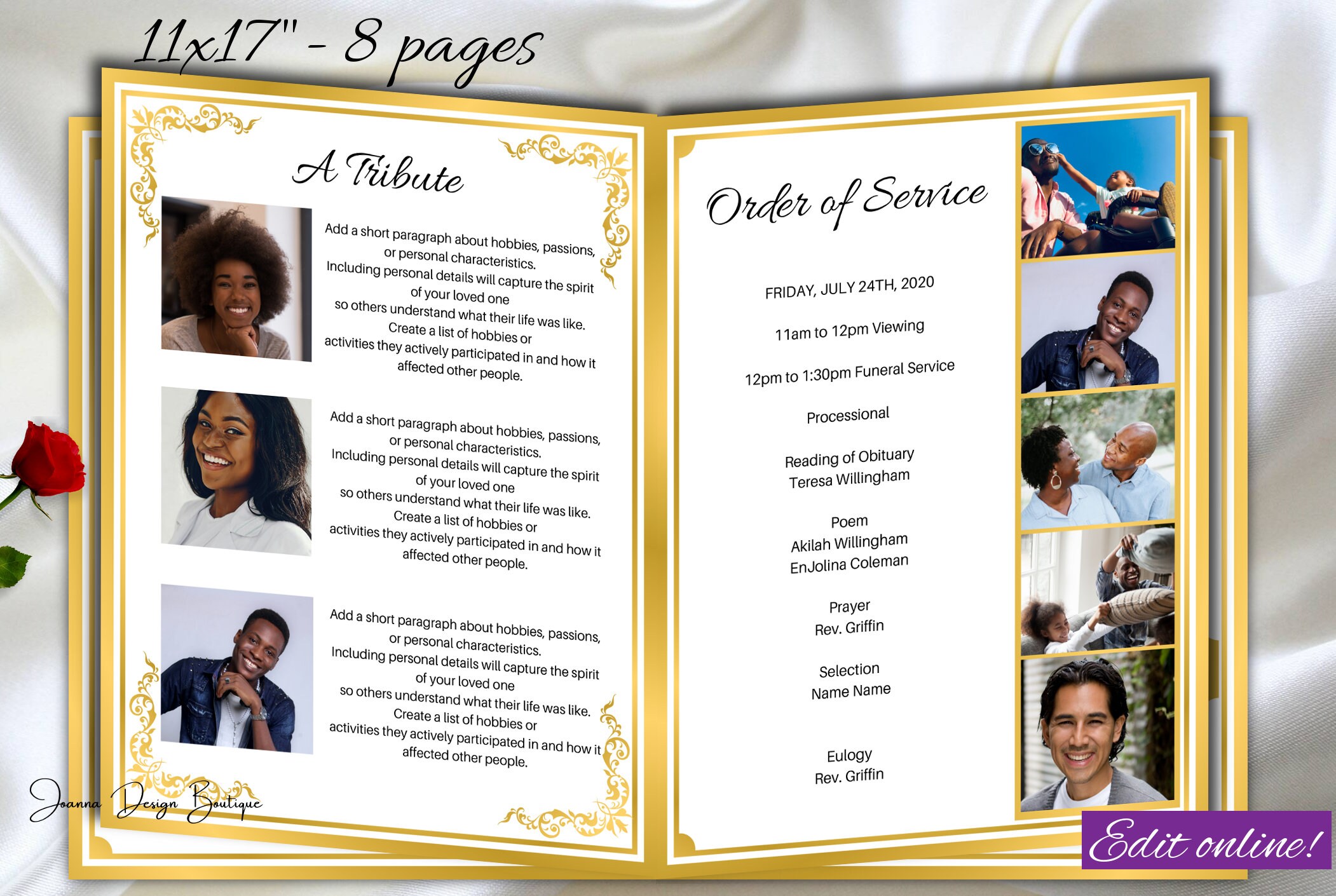 White Gold Funeral Program 11x17 8 Pages Gold Memorial Service | Etsy