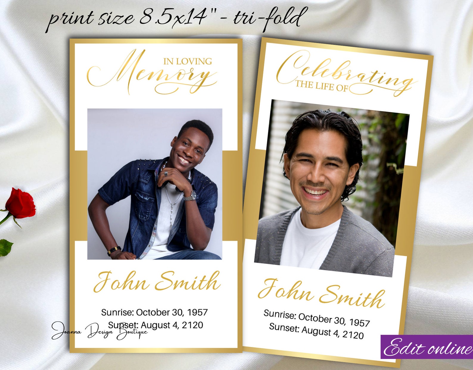 White Gold Funeral Program Template Trifold Gold Obituary Memorial ...