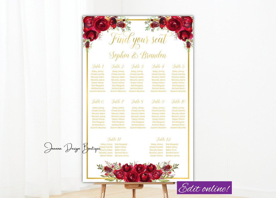 Red Roses Seating Chart Template Red Flowers Wedding Seating Chart Red ...