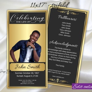 Gold Funeral Program Template Trifold Gold Black Memorial Service ...