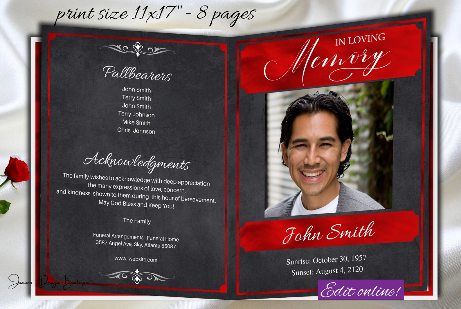 Red Black Funeral Program Template 11x17 8 Pages for Men - Etsy