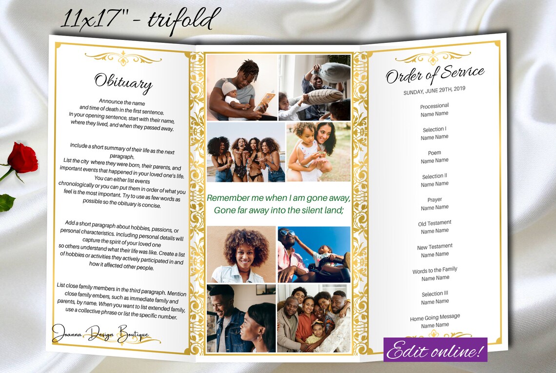 White Gold Funeral Program Template Trifold Gold Memorial Service ...
