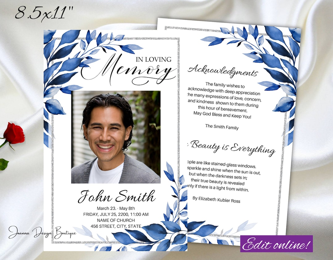 Navy Blue Funeral Program Template Funeral Program for Man Men Blue ...
