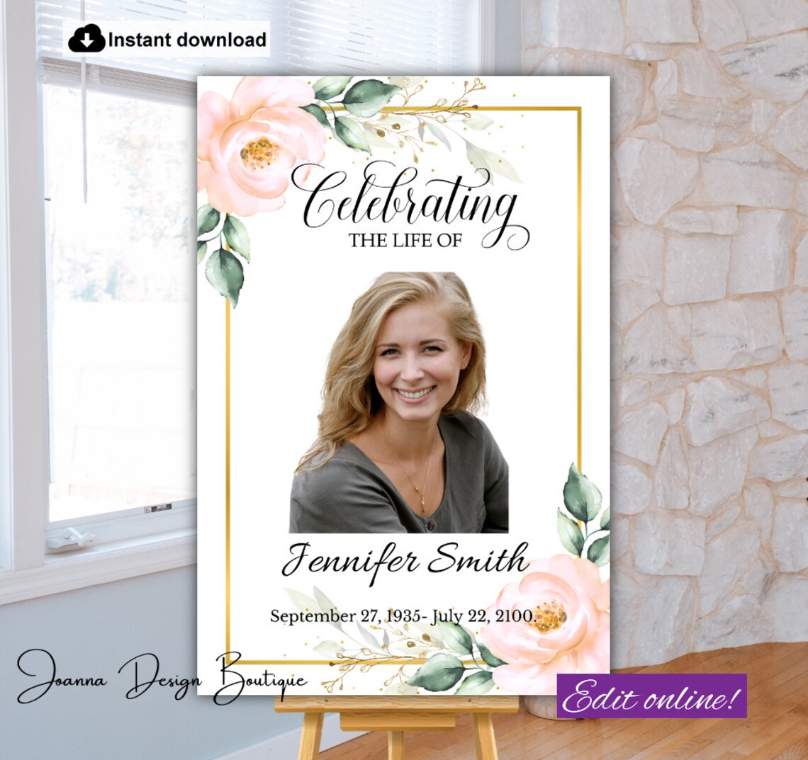 Floral Memorial Sign Funeral Sign Obituary Sign Poster Gold - Etsy
