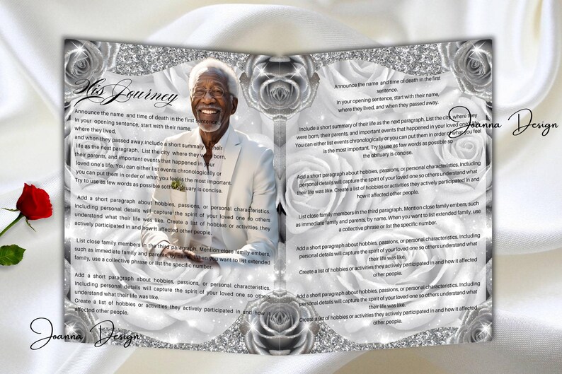 Silver Obituary Funeral Program Male Silver Roses Diamond Obituary ...