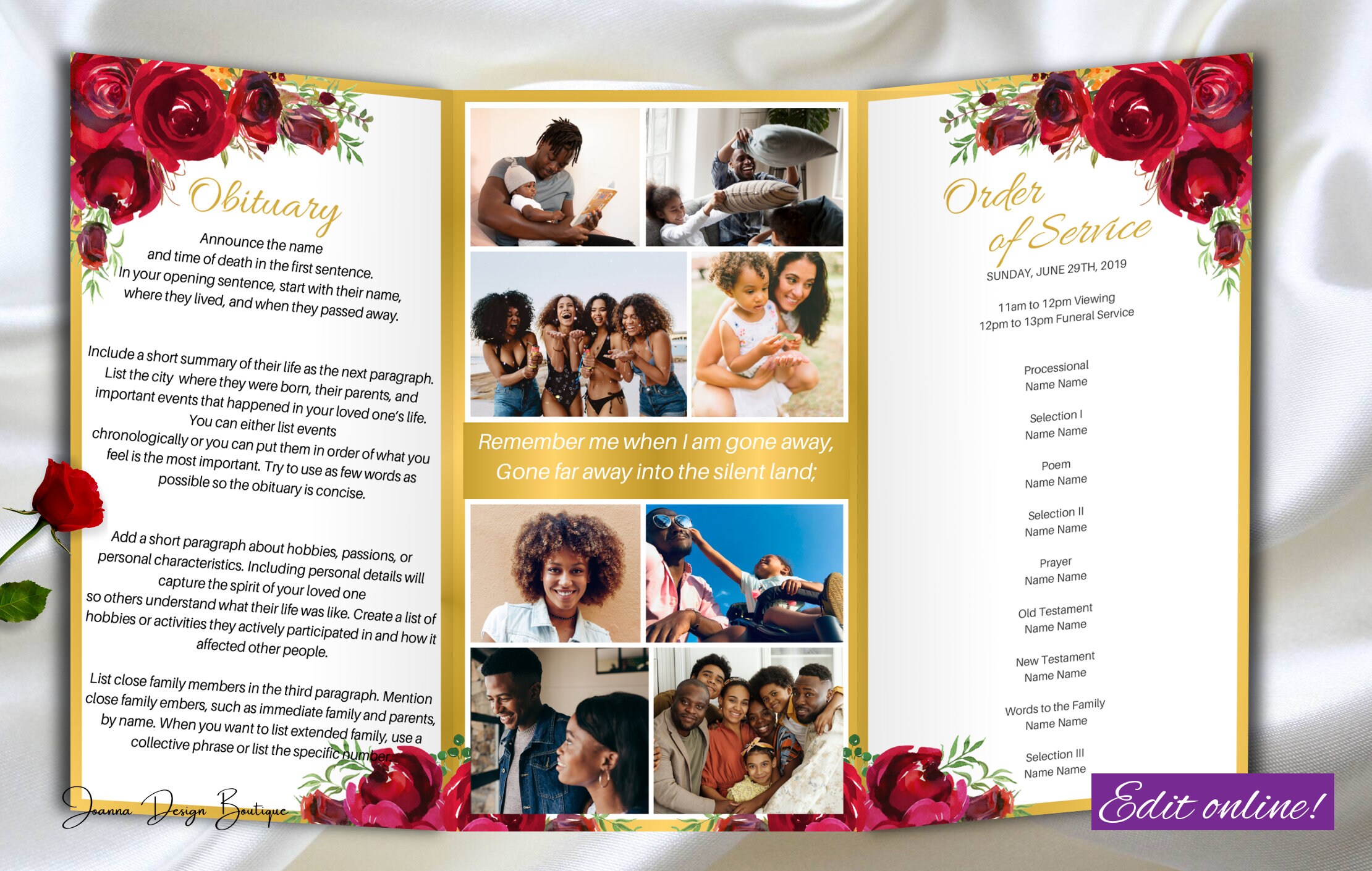 Funeral Program for Women Trifold Red Roses Funeral Program With Red ...