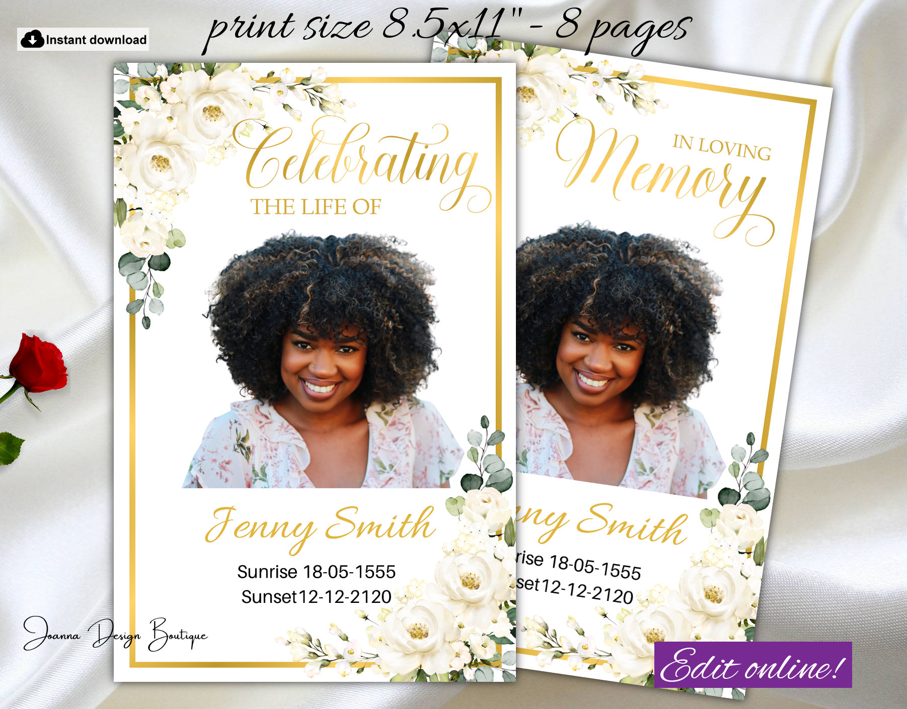 White Roses Funeral Program White Roses Obituary 8 Pages - Etsy