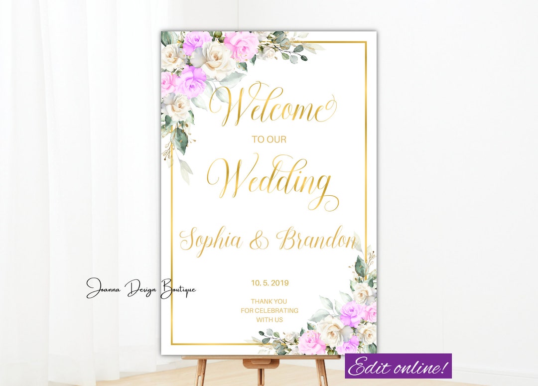 Pastel Roses Wedding Welcome Sign White Pink Purple Lilac Roses Flowers ...