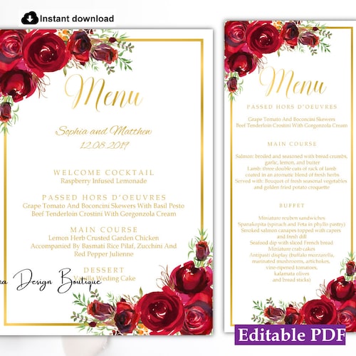 Red Roses Menu Cards Template Red Flowers Menu Card Floral Red - Etsy