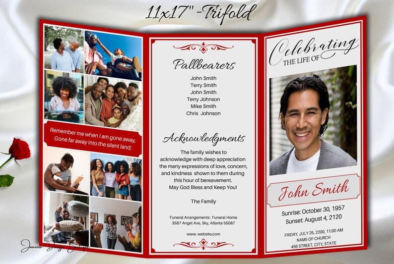 Red Gray Funeral Program Template Trifold Red Memorial Service Program ...