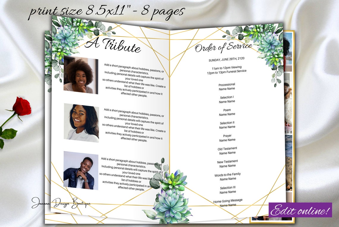 Funeral Program Template for Women Succulent Funeral Program | Etsy