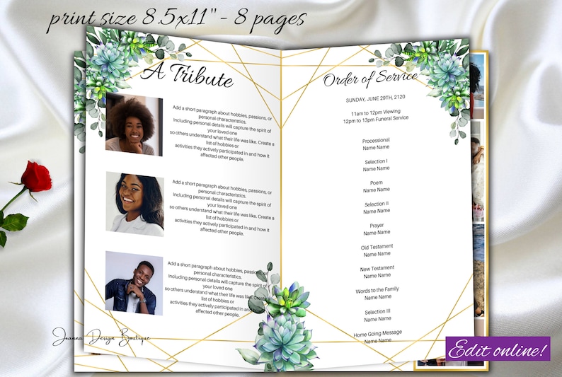 Funeral Program Template for Women Succulent Funeral Program | Etsy