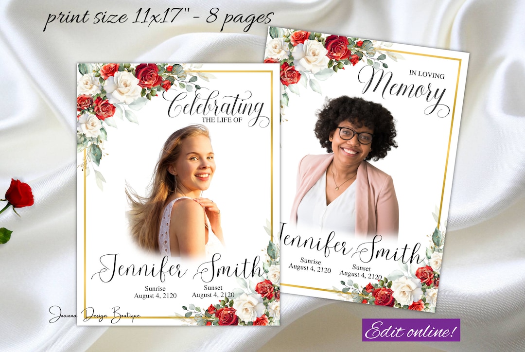 White Red Roses Funeral Program Template 11x17 Red White Flowers ...