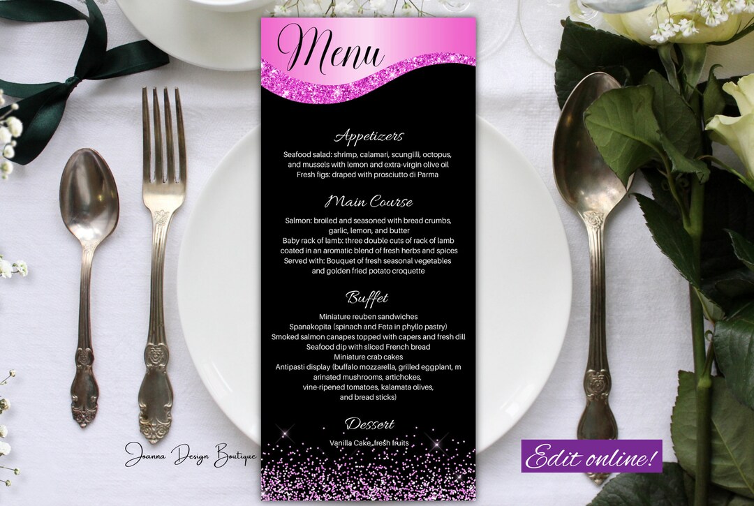 Black Pink Menu Card Template Pink Glitter Menu Wedding Glamour Menu ...