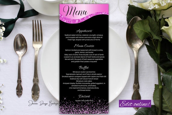 Black Pink Menu Card Template Pink Glitter Menu Wedding - Etsy