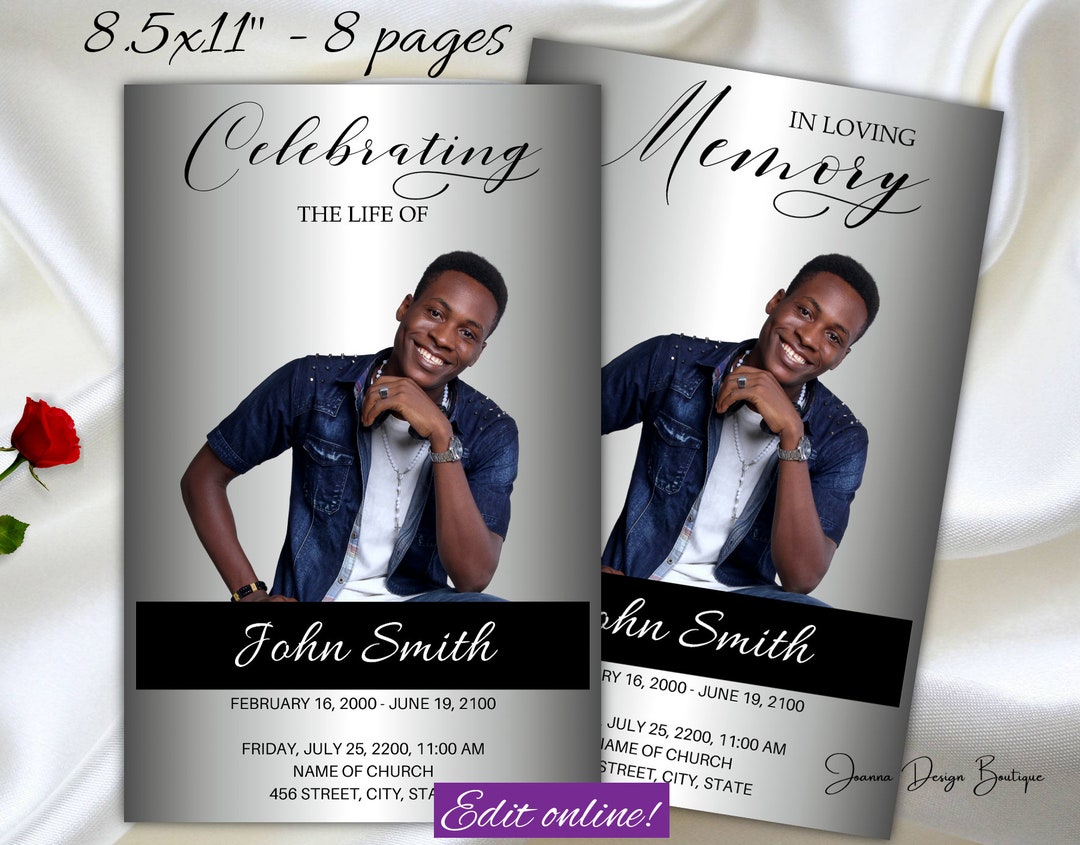 Silver Funeral Program 8 Pages Funeral Program Template for Man Men ...