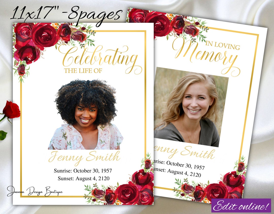 Red Roses Funeral Program Template Red Flowers 8 Pages Ledger Obituary ...