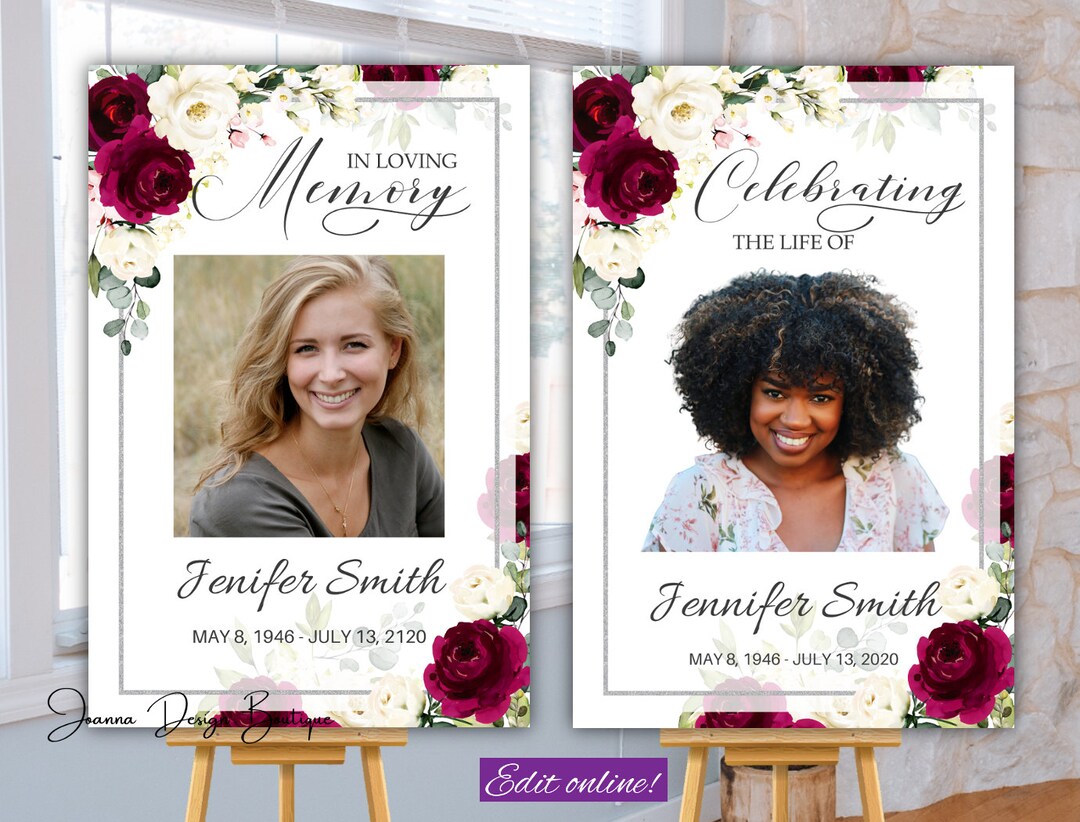 Burgundy Memorial Sign Funeral Sign Floral Burgundy Roses Obituary Sign ...