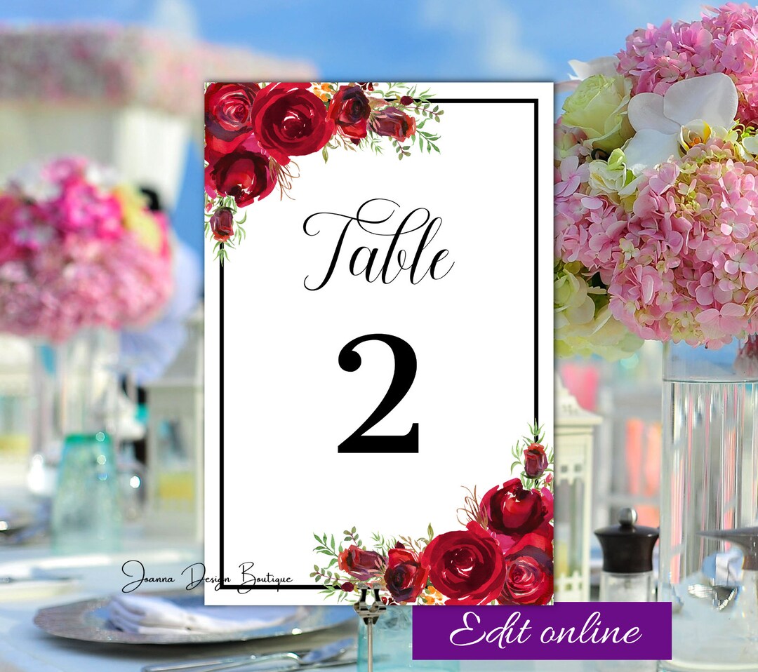 Red Roses Table Numbers Printable Red Black Flowers Table Numbers ...