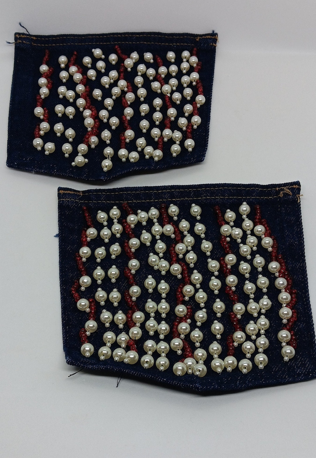 Blue Denim Jean Back Pockets Cut Out Faux Pearls Red Beaded Glass Beads ...