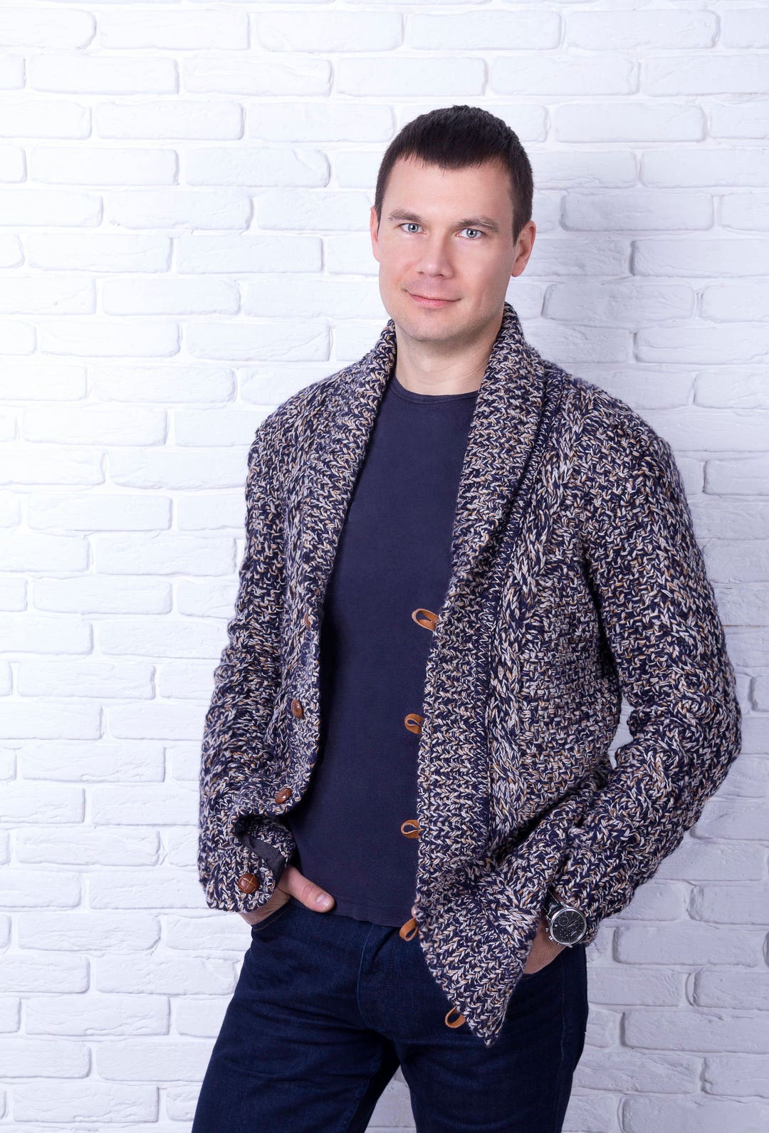 Custom Men's Hand Knit Cardigan, Made to Order Model, Replica Cardigan ...