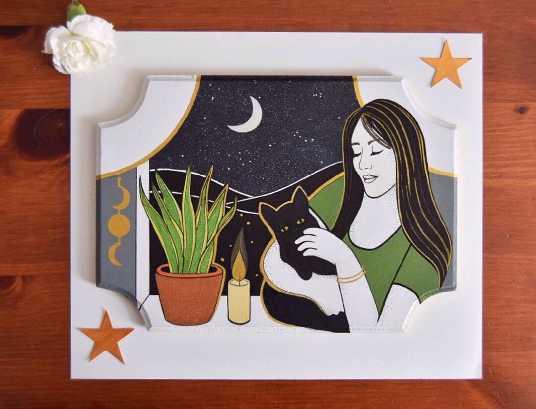 Woman and Cat Art | Cat Art | Black Cat Gift | Feline Companion ...
