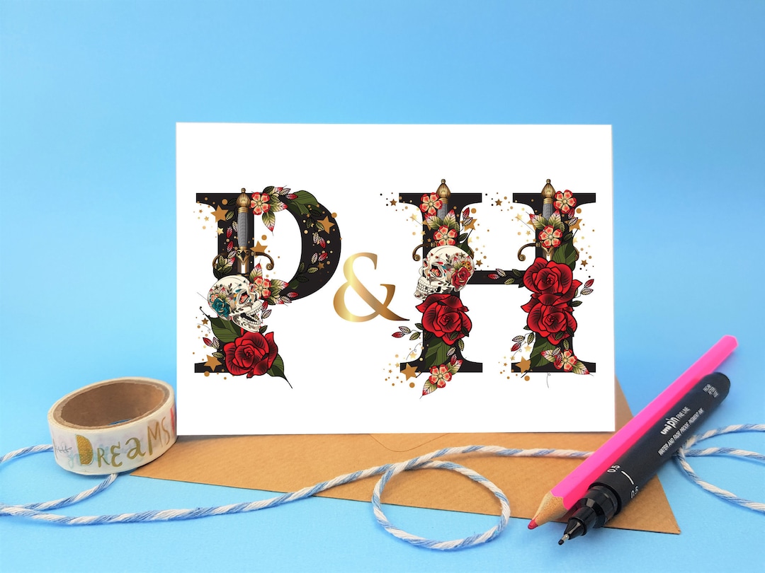 Personalized Gothic Wedding Card, Skull & Roses Initials - Etsy UK