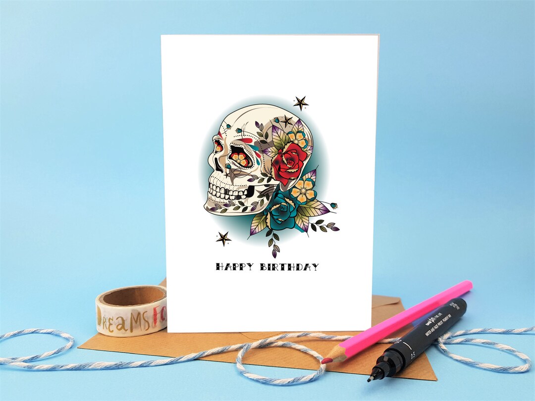Sugar Skull Card, Happy Birthday Card, Skull Birthday Cards, Pretty ...