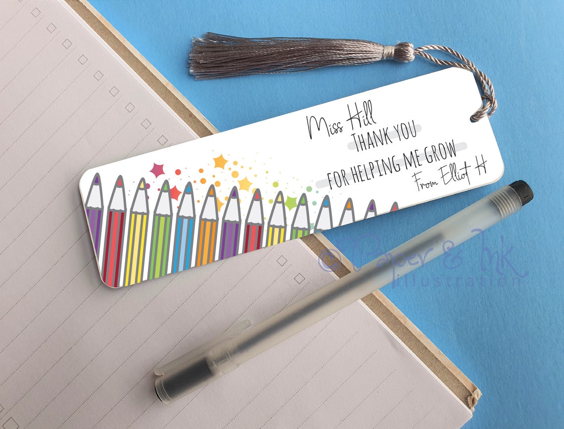 Personalized Teacher Bookmark, Colorful Pencil Design, End of Term Gift ...
