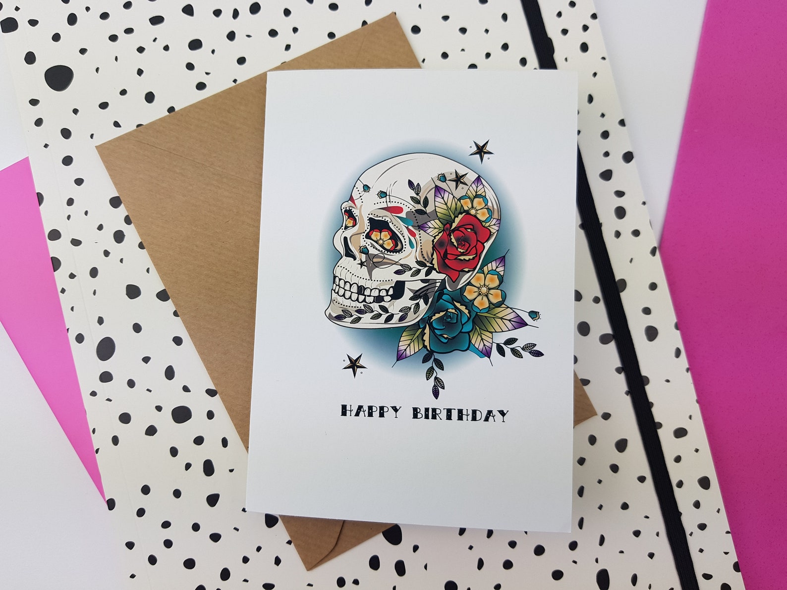 Sugar Skull Happy Birthday Card, Tattoo Art Style - Etsy UK